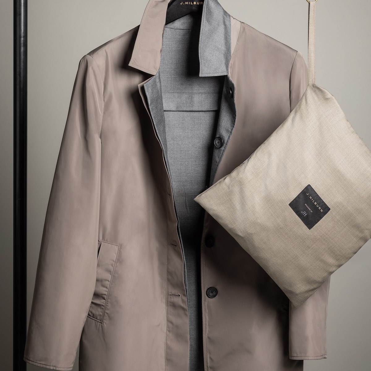 Grey Twill Reversible Raincoat with Taupe Tech | J.Hilburn